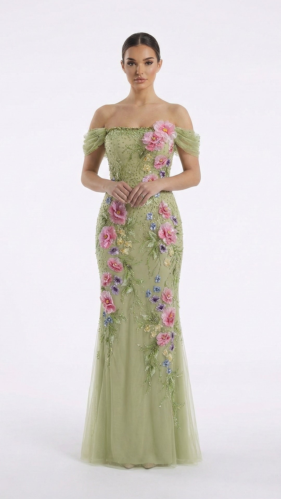 Green tulle tight silhouette with printed floral embroidery — Hanayen ...